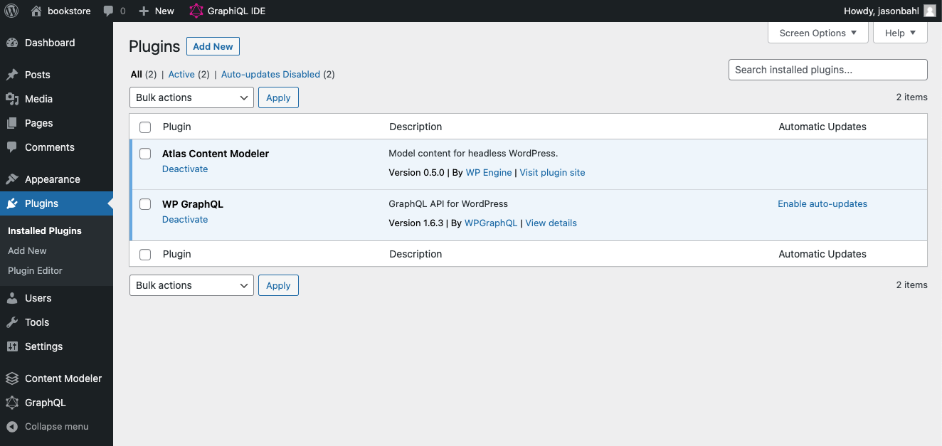 Screenshot of the WordPress dashboard’s plugin page showing WPGraphQL ...